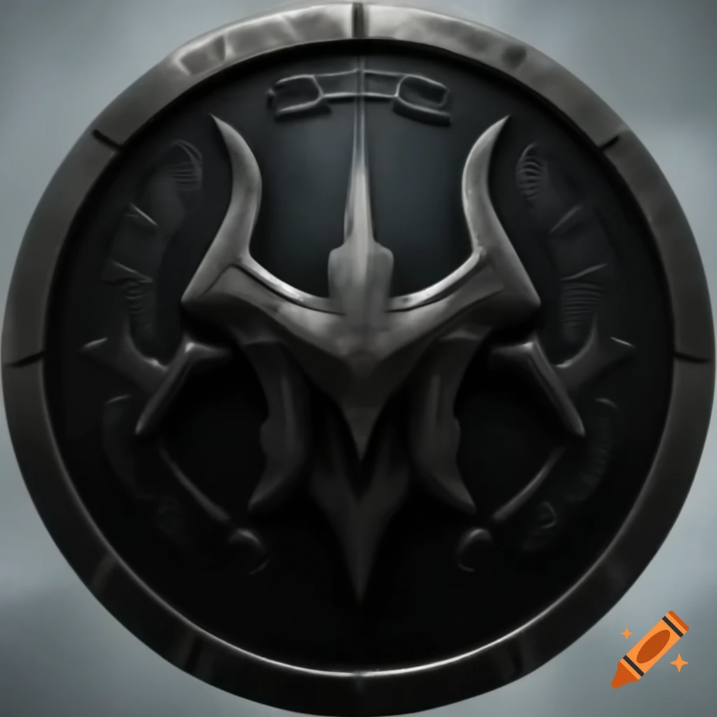 Dark metal shield emblem featuring engraved crest of fantasy beast on ...