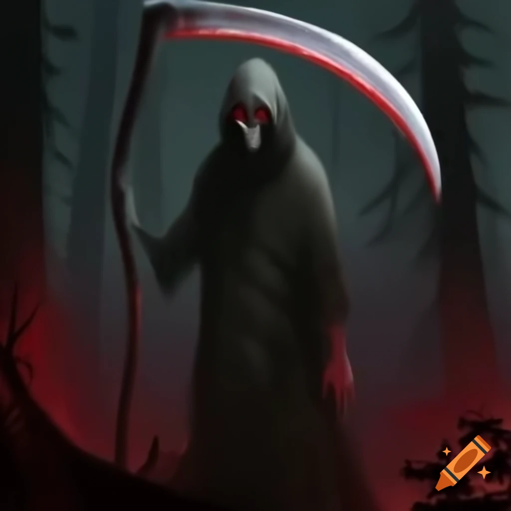 Sinister figure with a scythe in dark forest, red eyes visible in ...