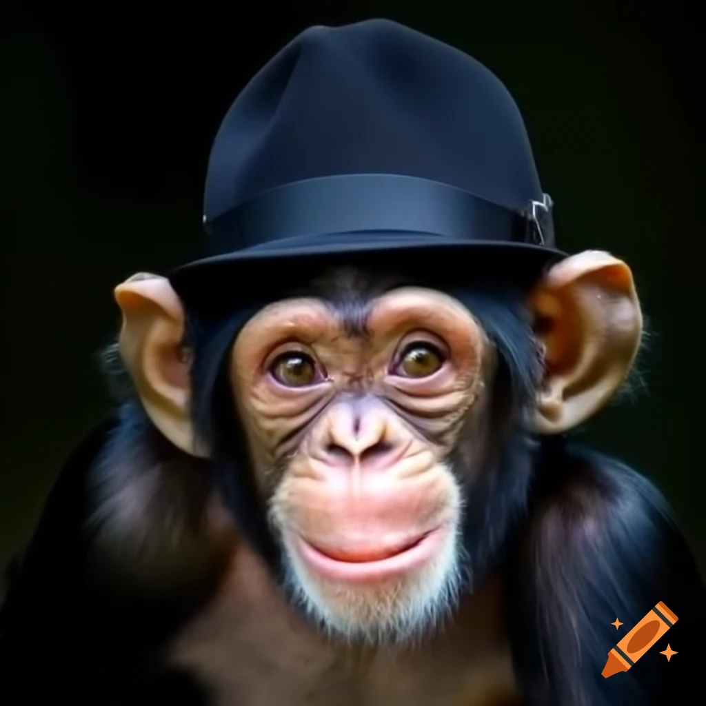 Smiling young chimpanzee in black trilby hat with stainless steel tank ...