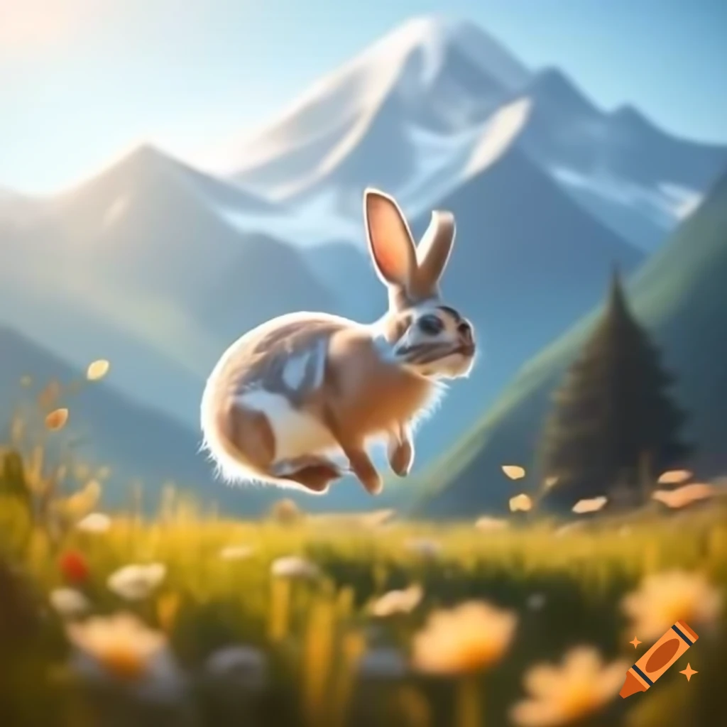Serene rabbit practicing tai chi in sunlit meadow with snow-capped ...