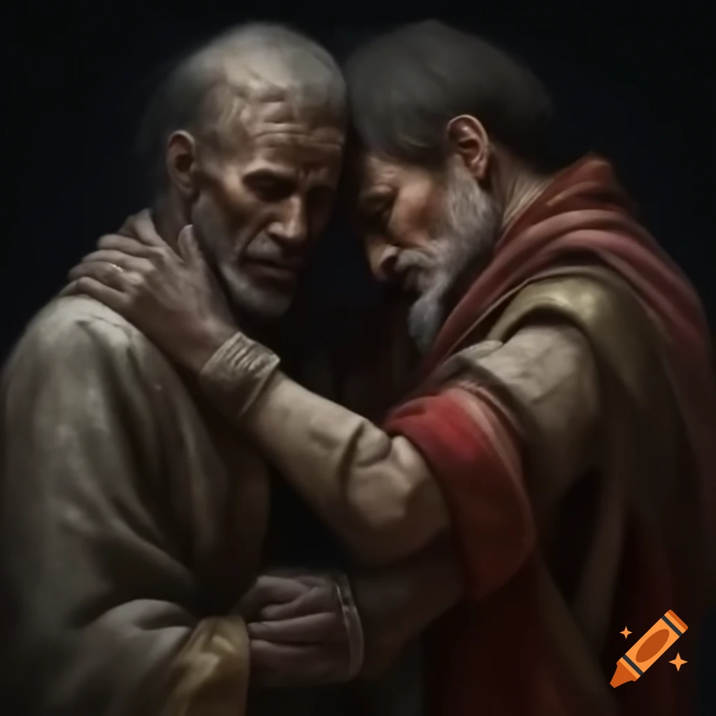 Emotional scene of a poor man in rags hugging a wealthy man in ...