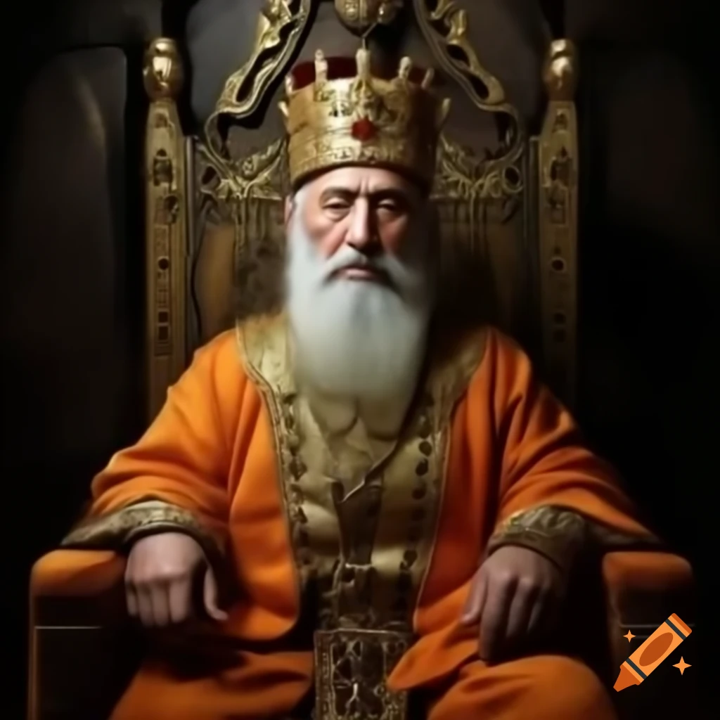 Armenian king on throne wearing orange-gold robe and golden crown on ...