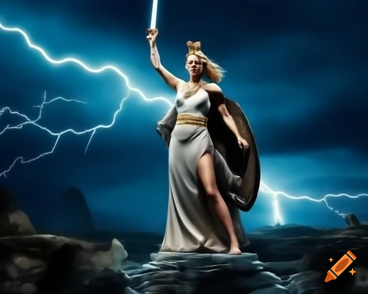 Marble statue of Athena with sword raised, struck by lightning on Craiyon