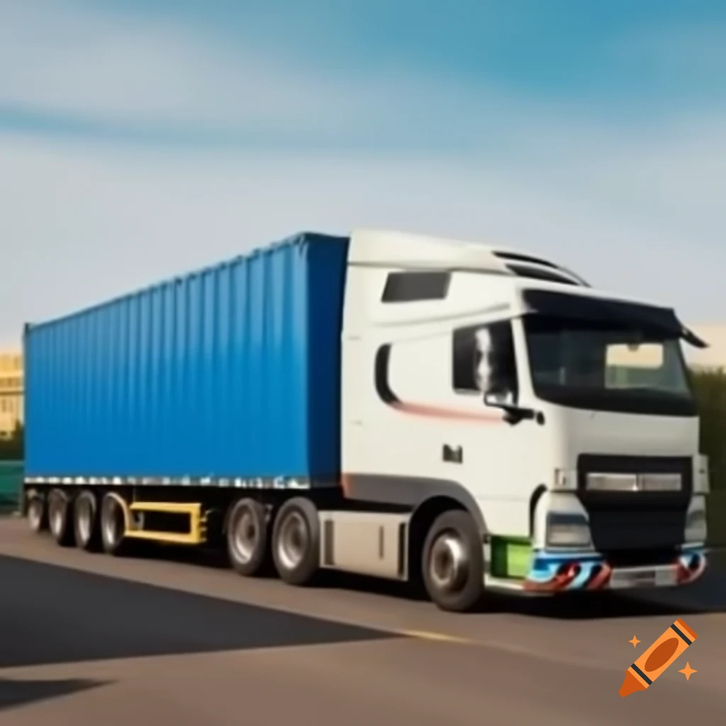 White European-style truck with blue trailer and container on Craiyon