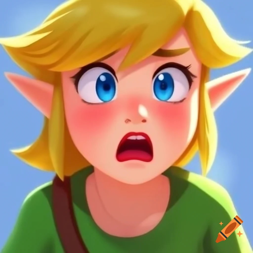 Link in green tunic with Princess Peach's hairstyle and makeup, 8k definition on Craiyon