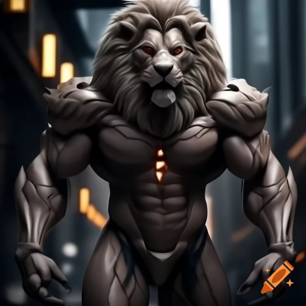 Futuristic hybrid creature with bodybuilder physique and lion features ...