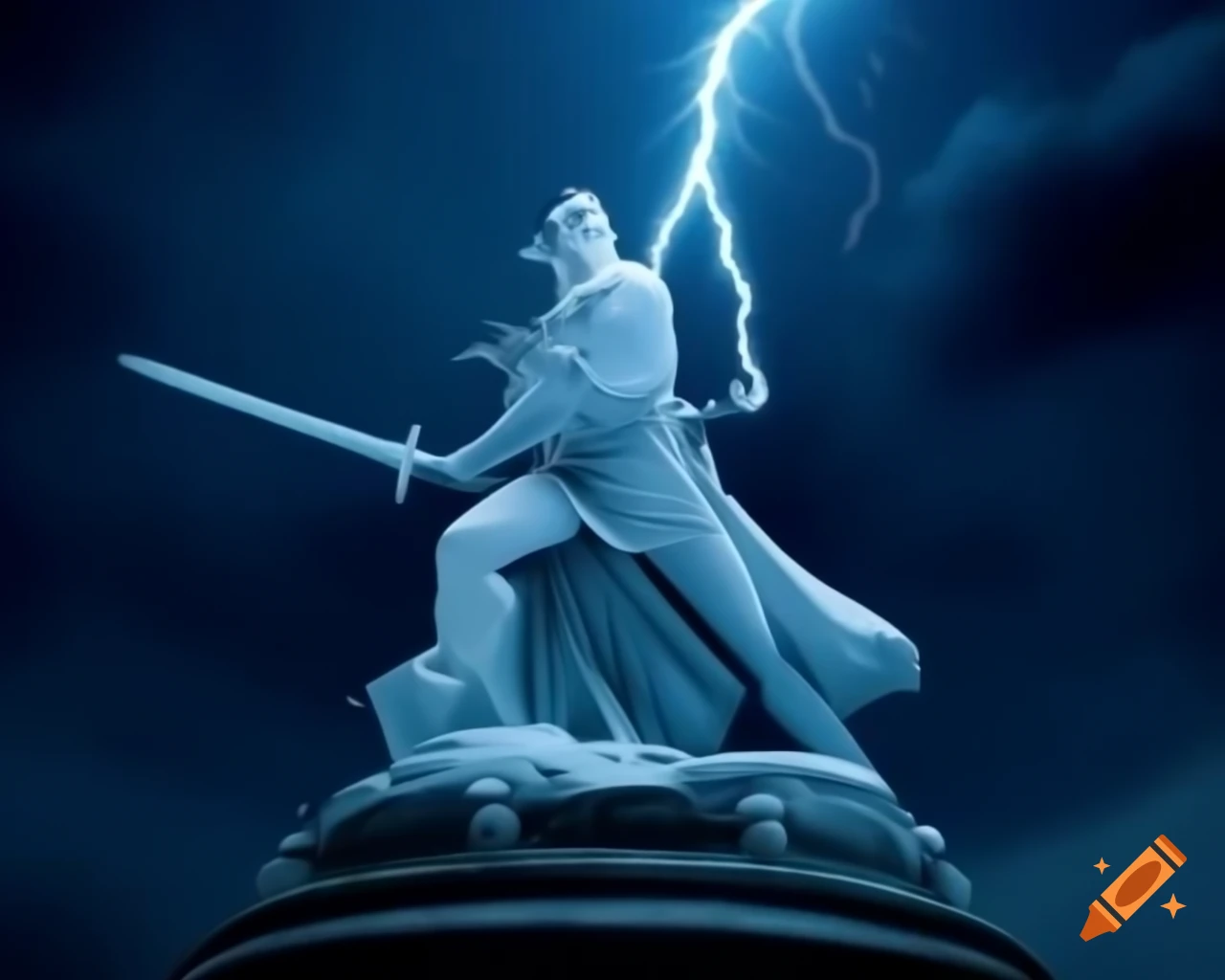 Ancient marble statue of executioner with sword raised, illuminated by ...