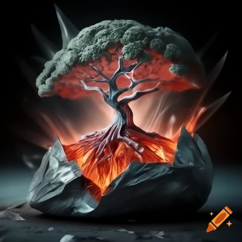 Chrome tree emerging from shattered geode with glowing branches on Craiyon