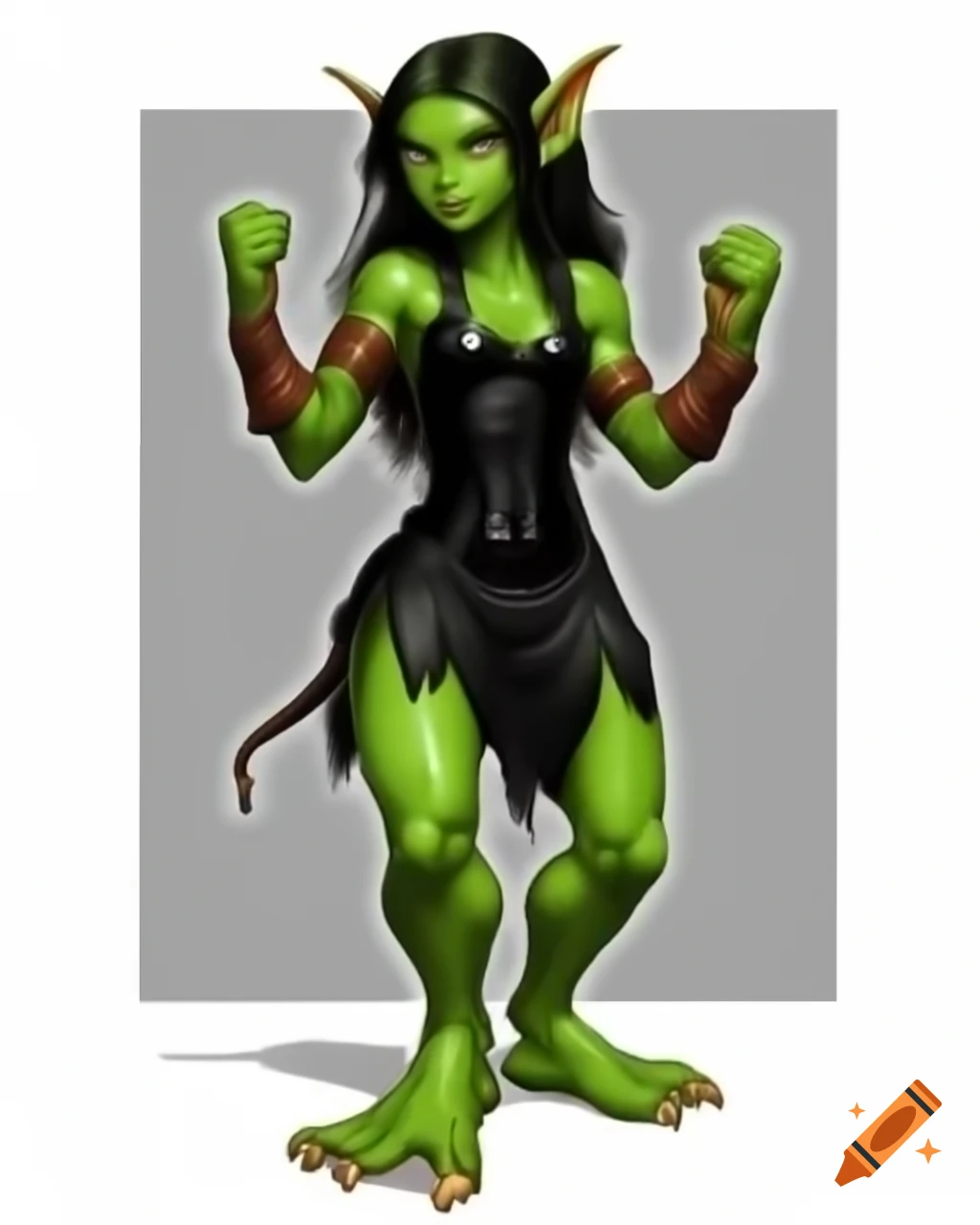 Green-skinned goblin girl in black armor barefoot in fighting stance ...