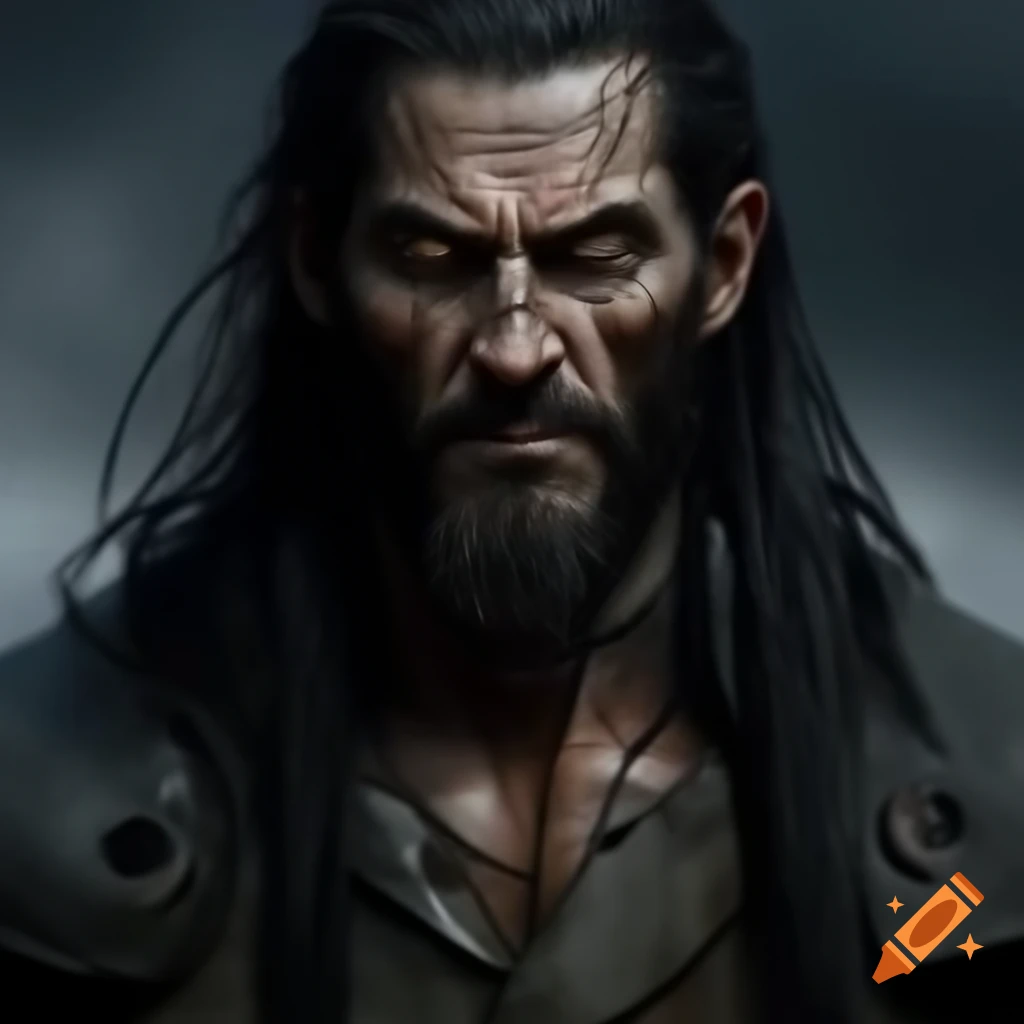 Gaunt man with pallid skin and long black hair in weathered clothing on ...