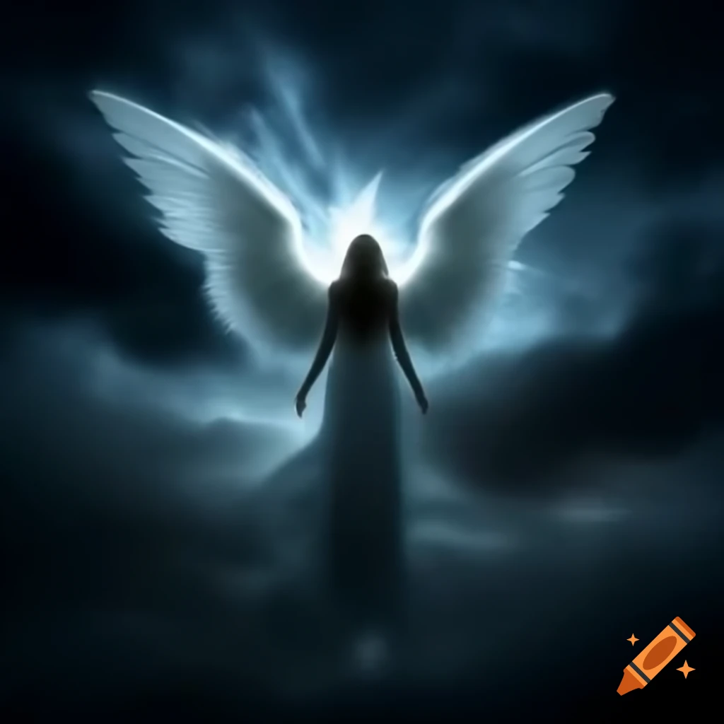 Female angel with wings igniting light in dark, stormy night sky on Craiyon