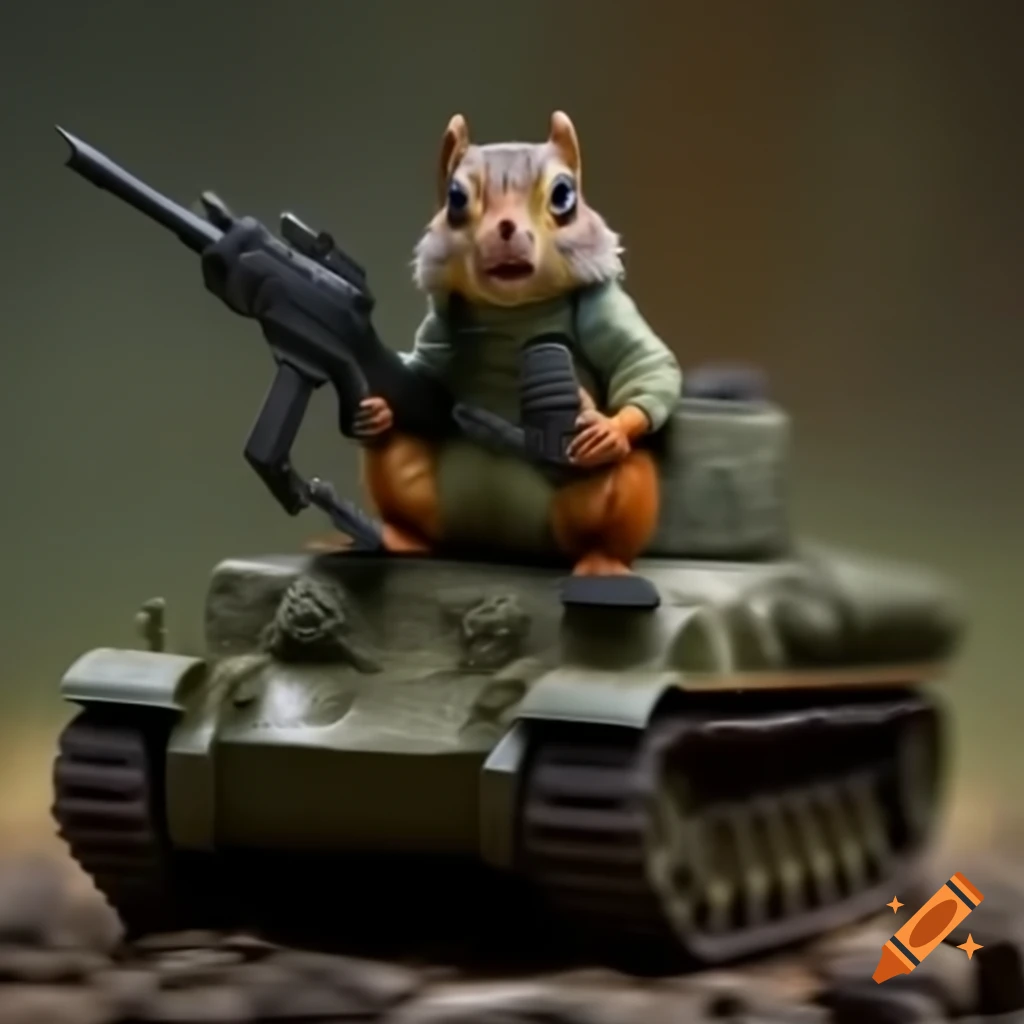 Muscular squirrel soldier in army outfit on KV-2 tank holding rifle on ...