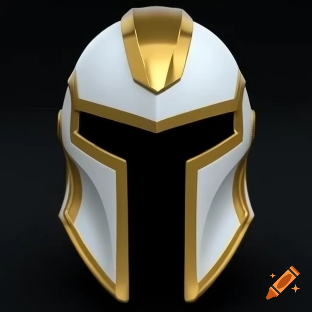 Open-faced spartan-style helmet in white and gold design on Craiyon