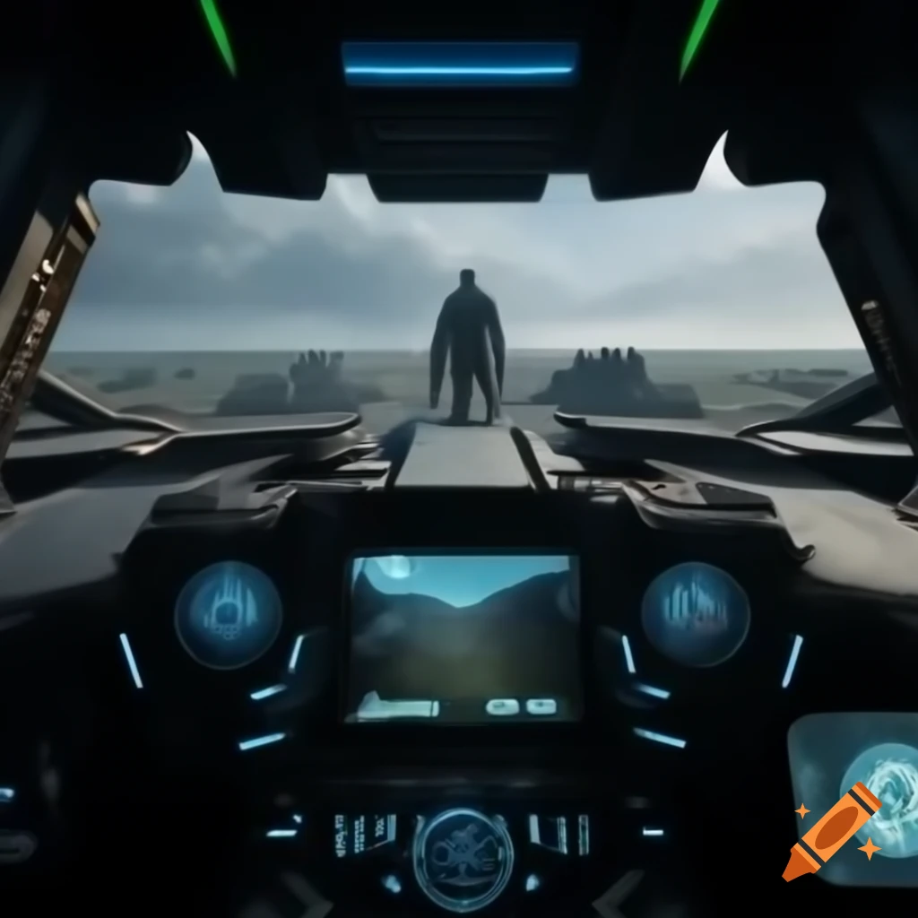First-person cockpit view of mech with futuristic controls and hologram ...