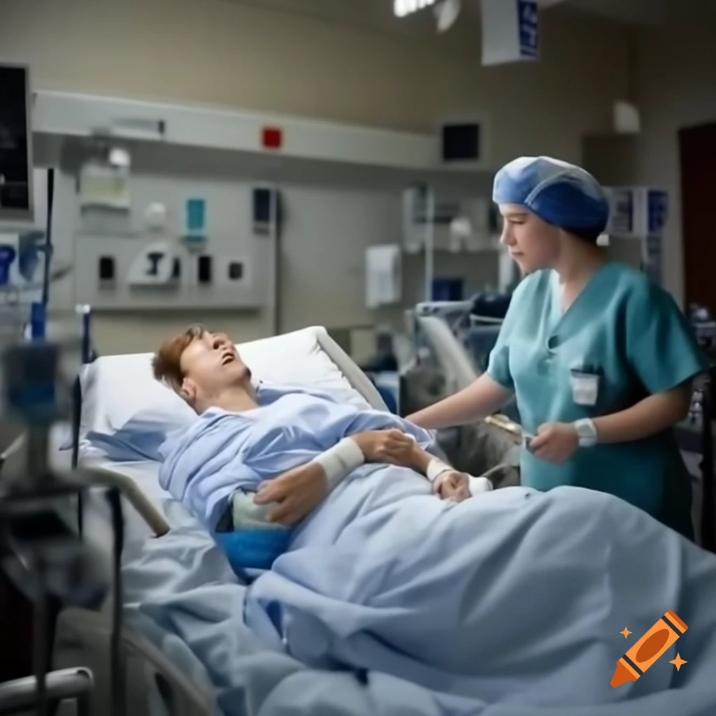 Woman sitting next to husband in crowded hospital ICU on Craiyon