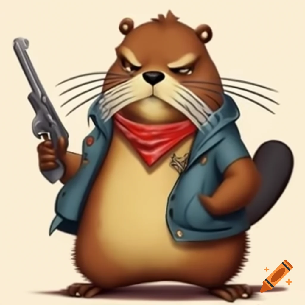 Angry beaver holding a gun and a fork, wearing a bandana on Craiyon