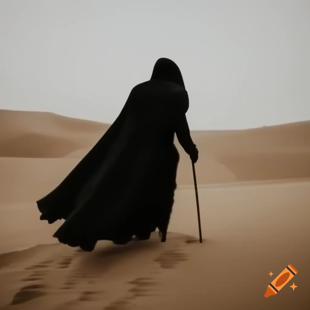 Mysterious man in black cloak with magical stick walking alone in sandy desert on Craiyon