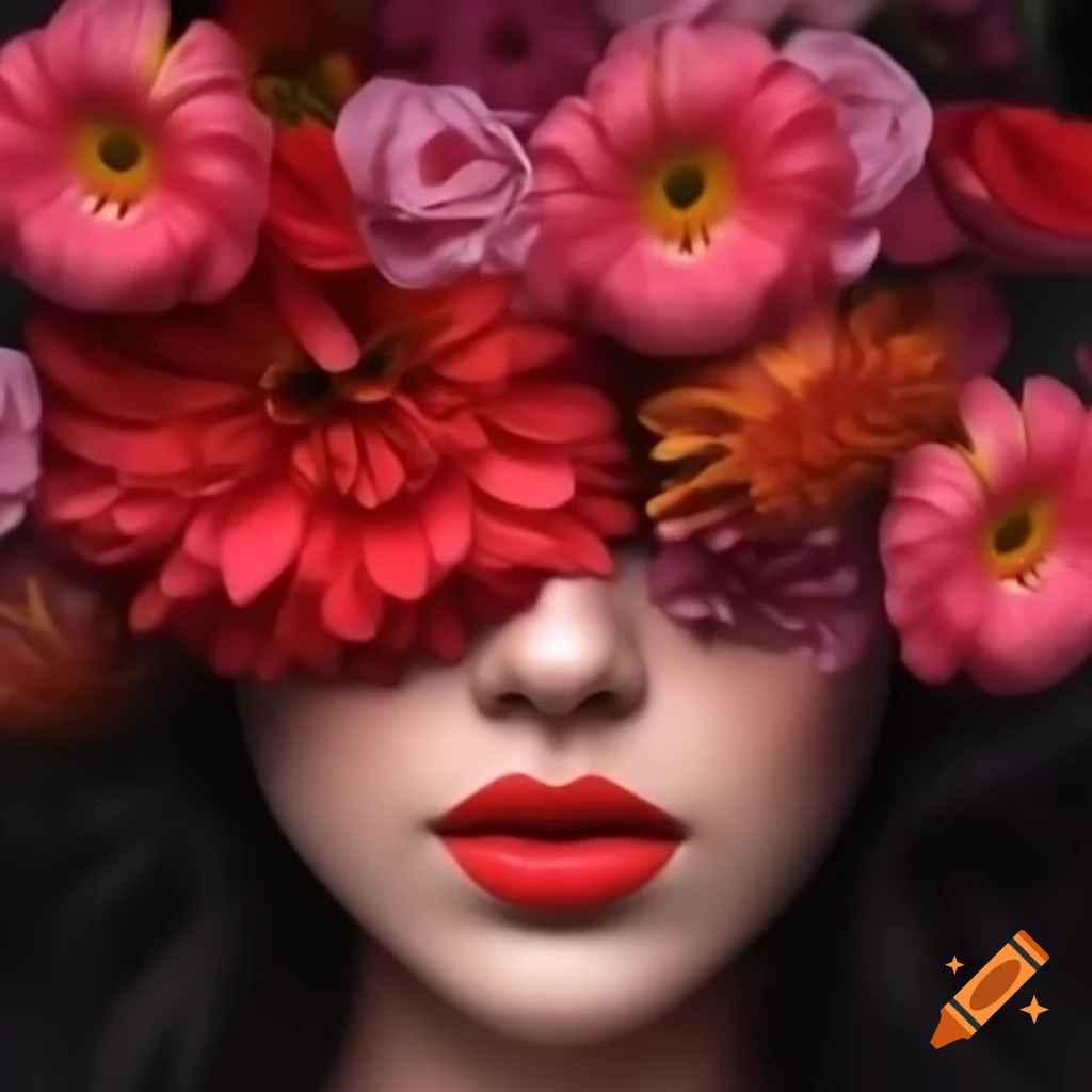 Woman's face with flower hair covering eyes, adorned with lipstick on ...