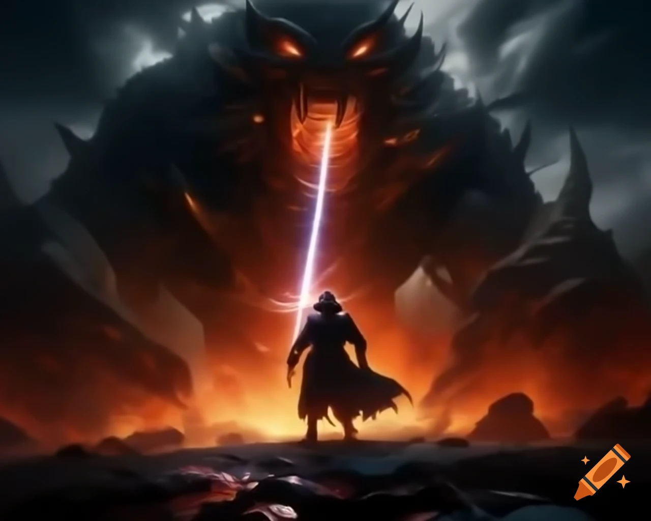 Hero with glowing sword facing giant shadow and lava monster, dramatic ...