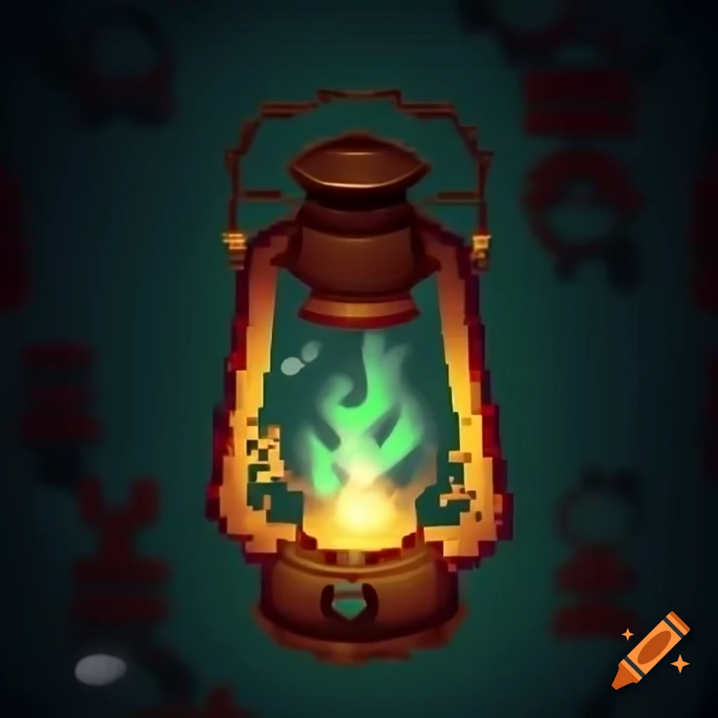 2d pixel art lantern spirit with bronze body and ghostly blue-green ...