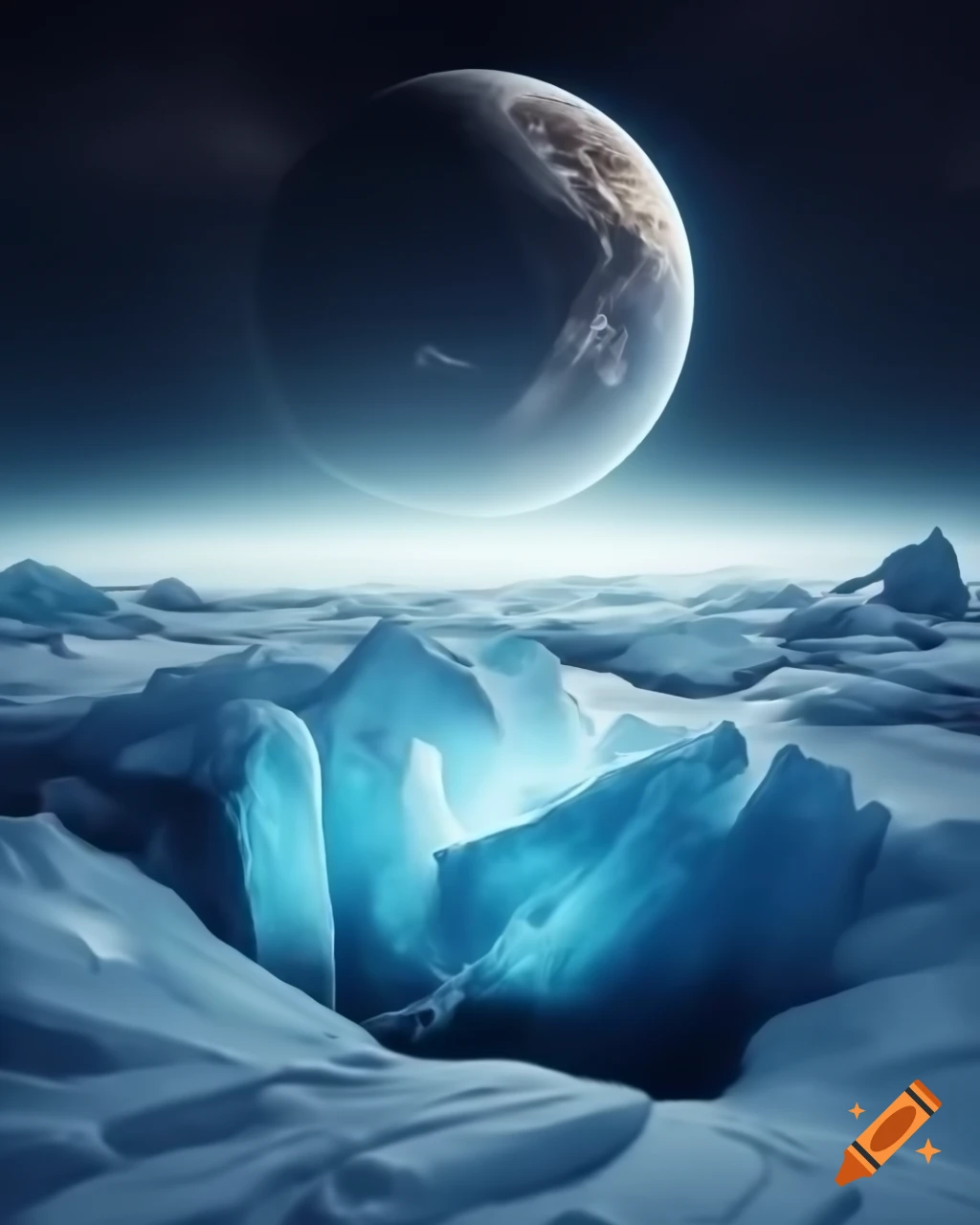 Rugged icy landscape with planet visible on the horizon on Craiyon