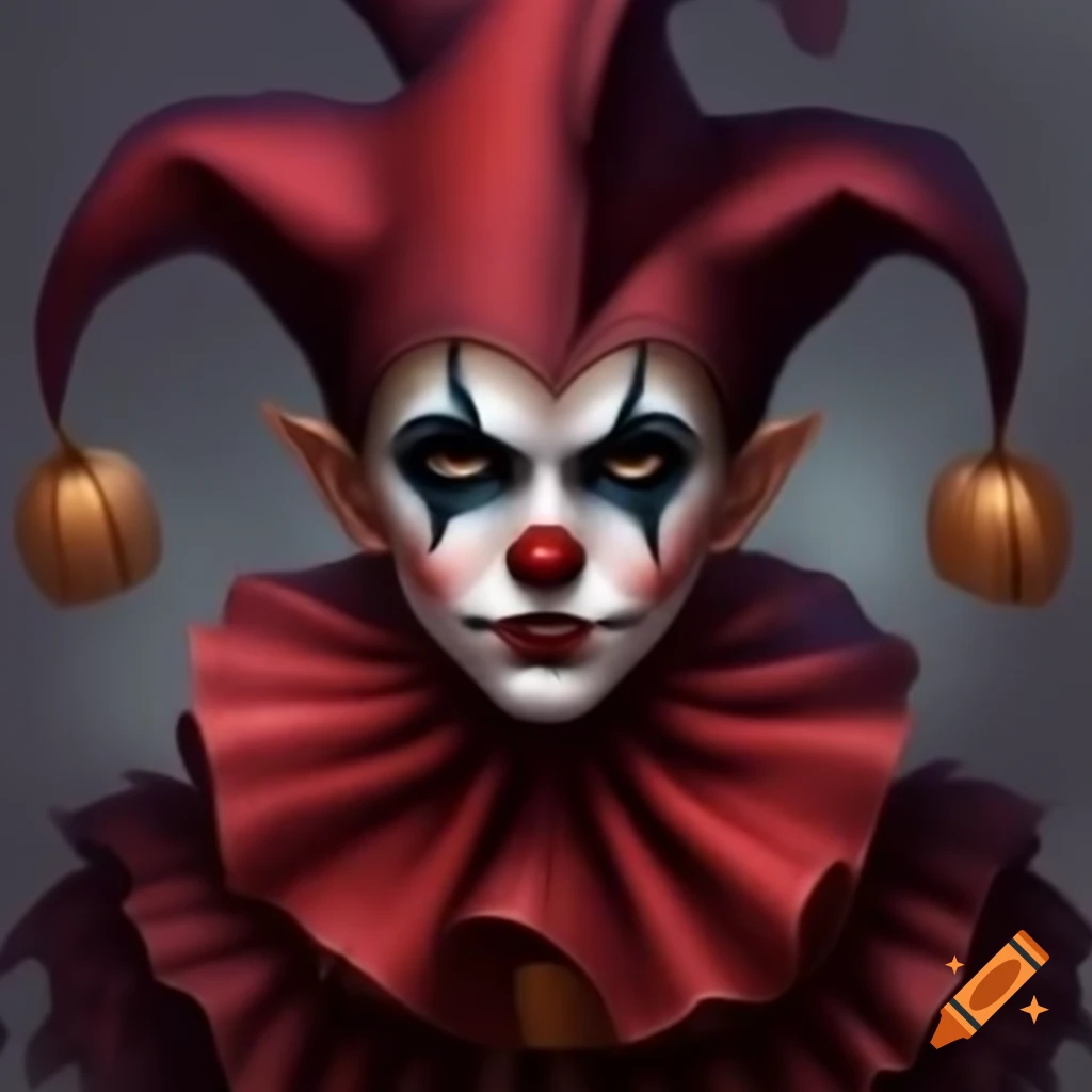 Vibrantly dressed human jester with calm demeanor against gray backdrop ...