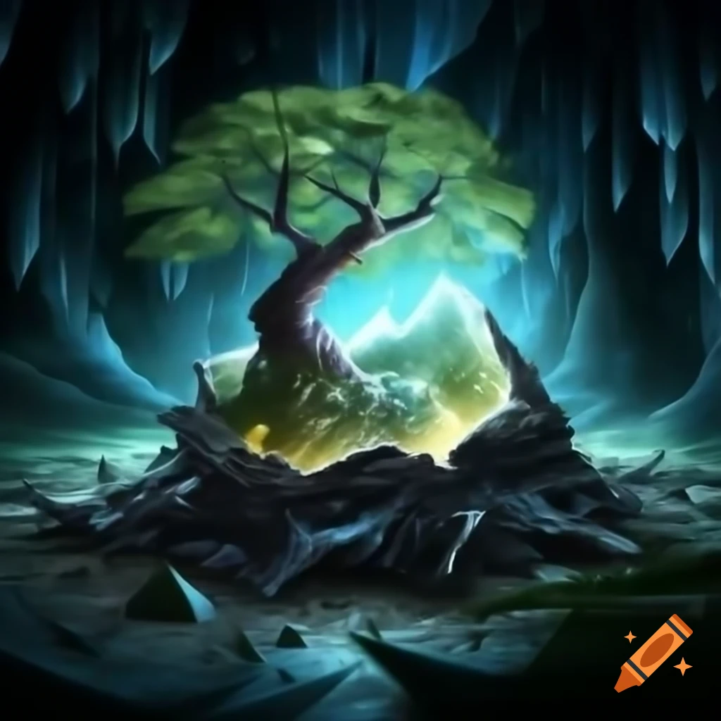 Chrome tree erupting from shattered geode, glowing branches capturing ...