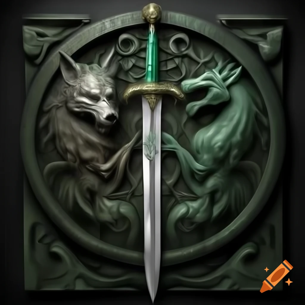 Realistic medieval heraldry featuring wolf and dragon symbols with ...