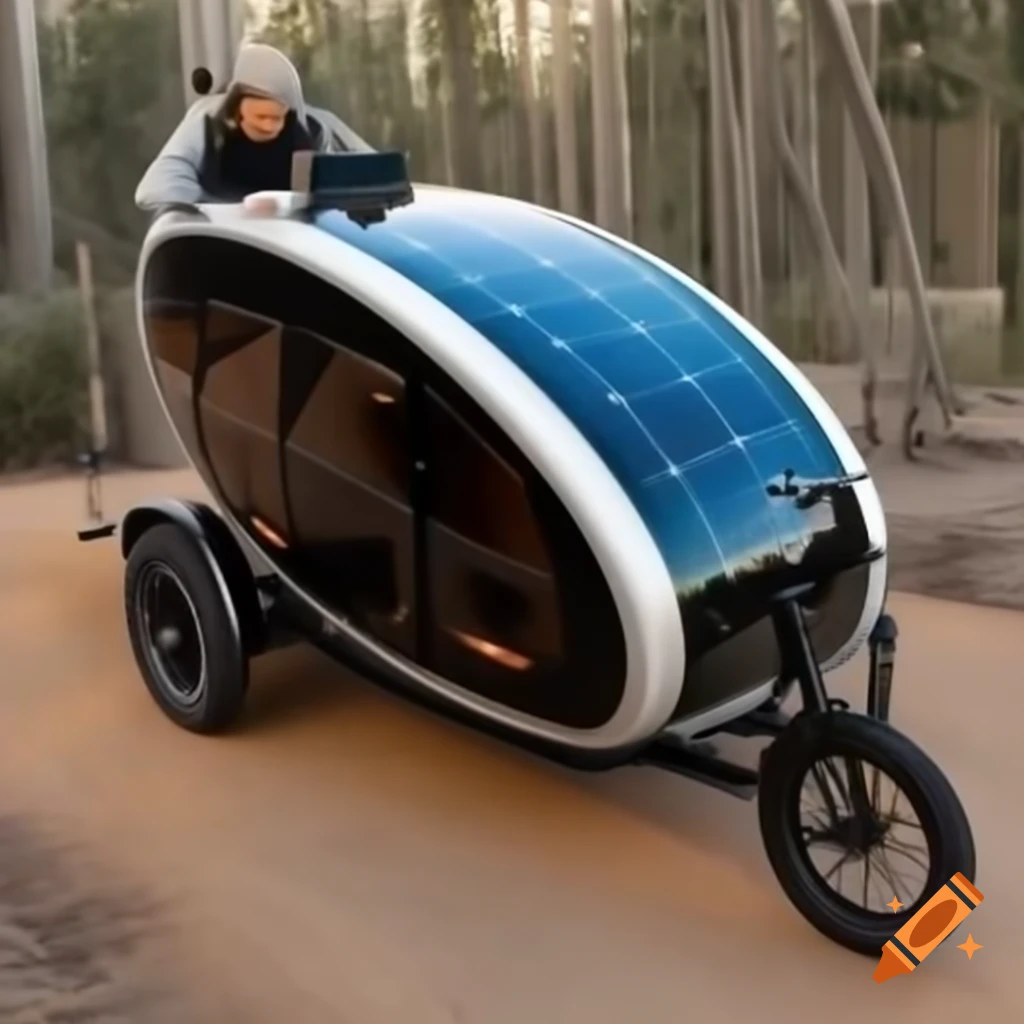 Realistic e-bike towing capsule-shaped trailer with large solar panels ...
