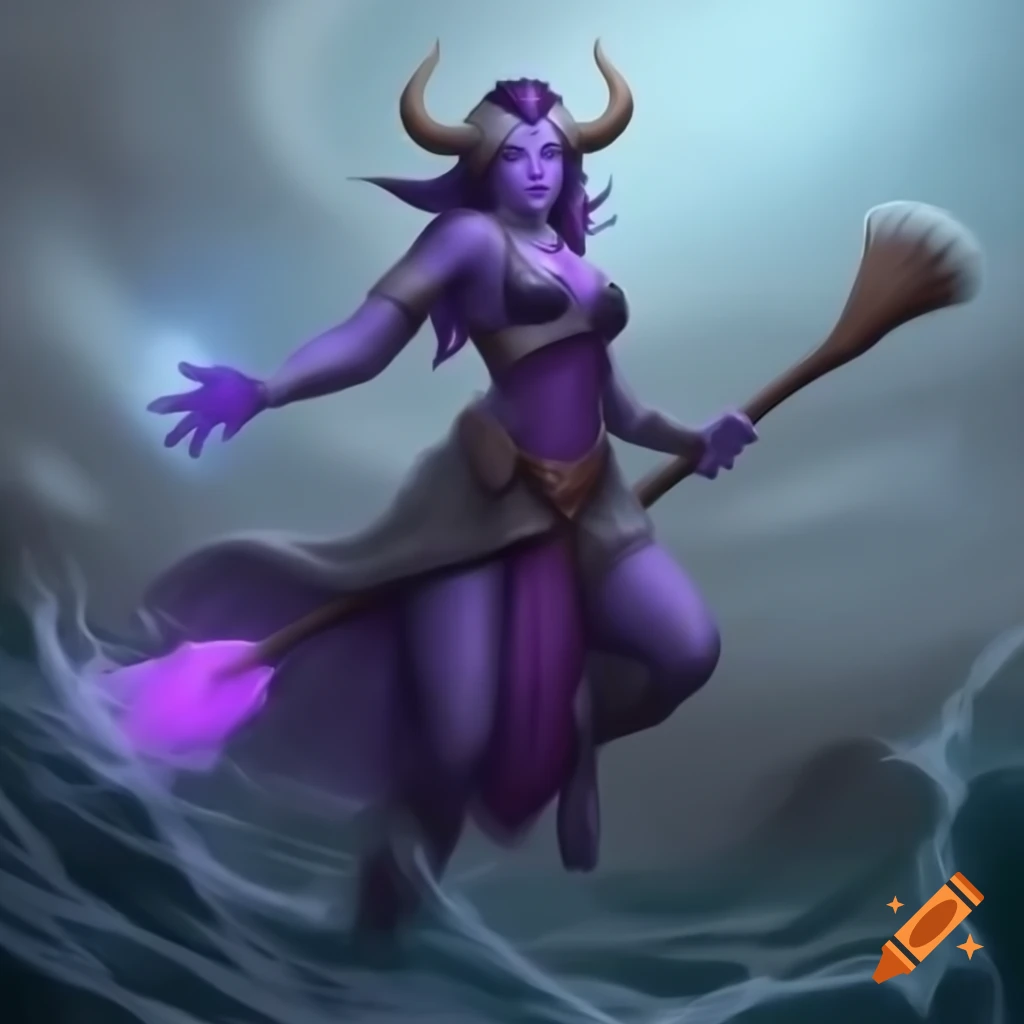 Realistic female tiefling warlock in magical cloak flying on broom over the sea on Craiyon