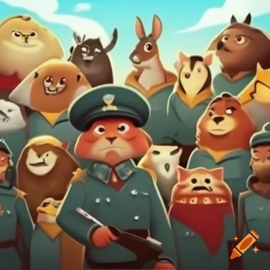 Cartoon depicting anthropomorphic animals in military uniforms for cold ...