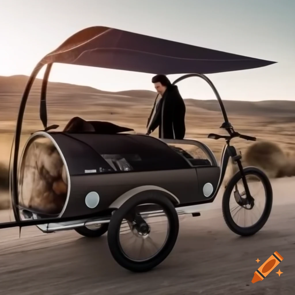 Realistic e-bike towing capsule-shaped trailer with large curved solar ...