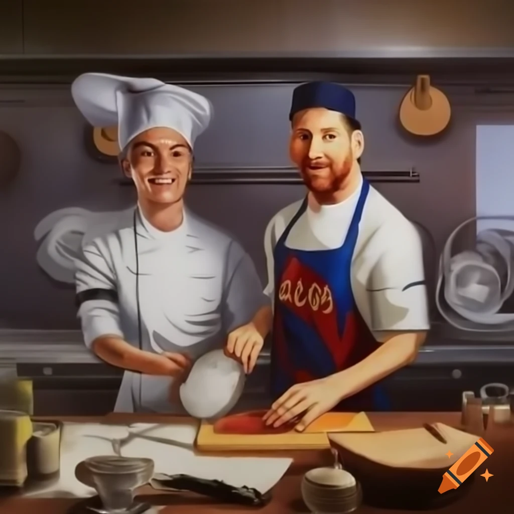 Messi and Ronaldo cooking in the kitchen, creating culinary ...