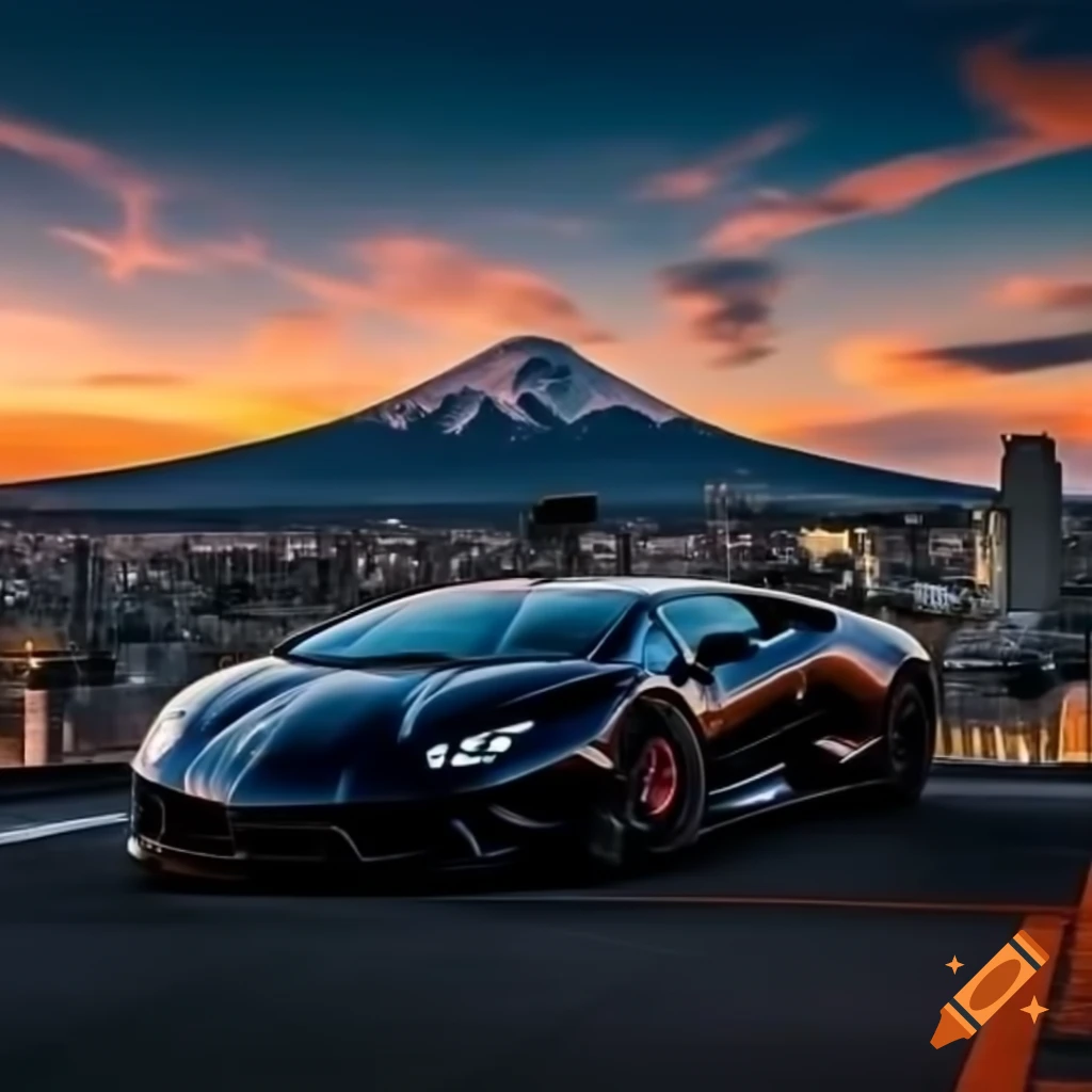 Black Lamborghini overlooking Tokyo sunset with Mount Fuji and city ...