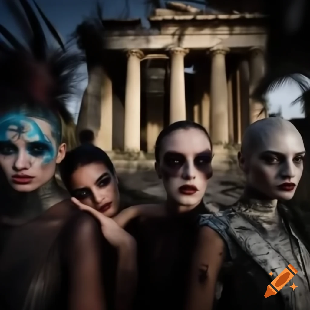 Influencers posing in decaying Greek temple with futuristic tech and ...