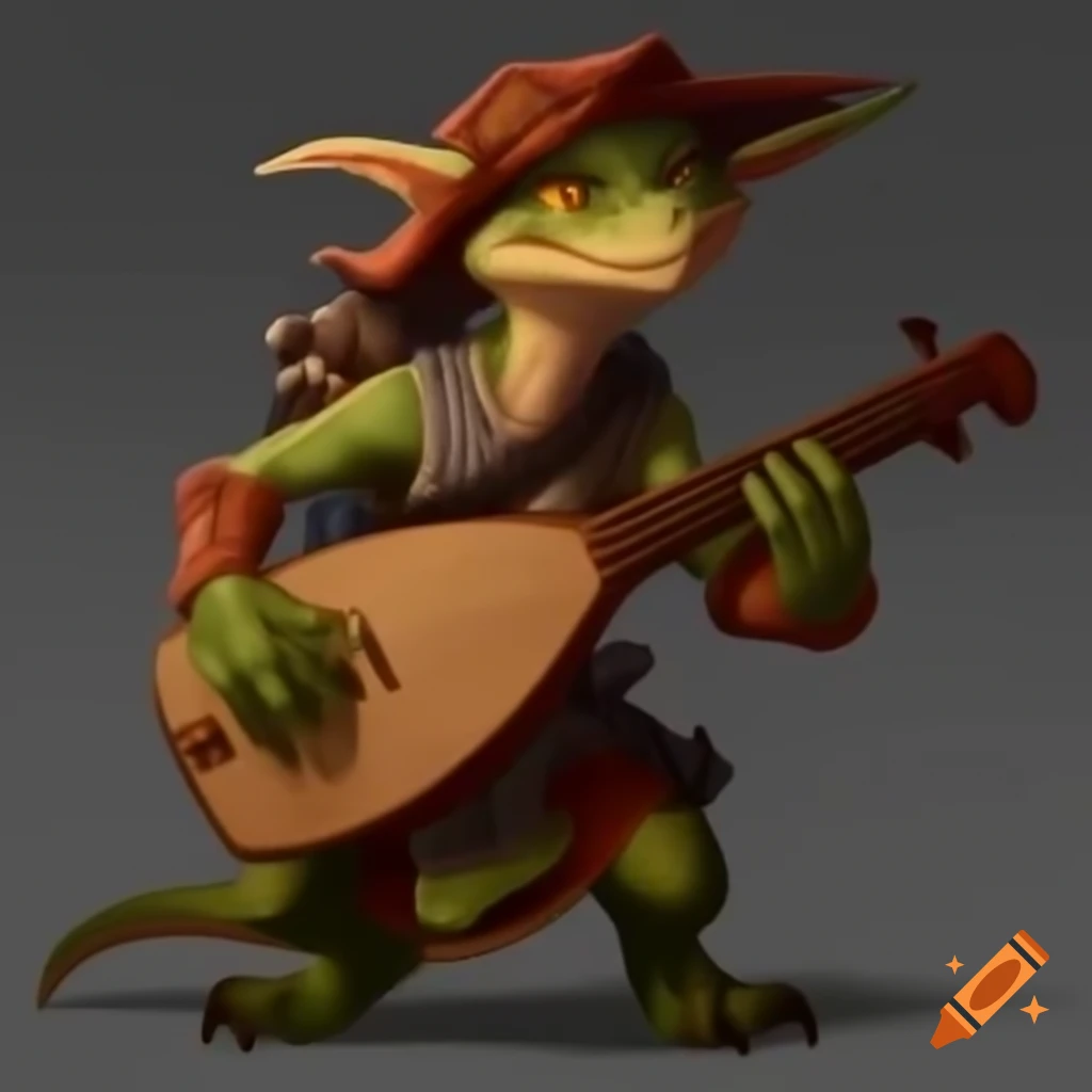 Friendly kobold in oversized wizard hat playing lute with large ...