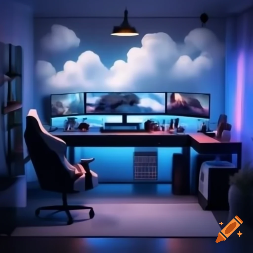 Minimalist modern gaming room with ambient lighting and LED-lit cloud ...
