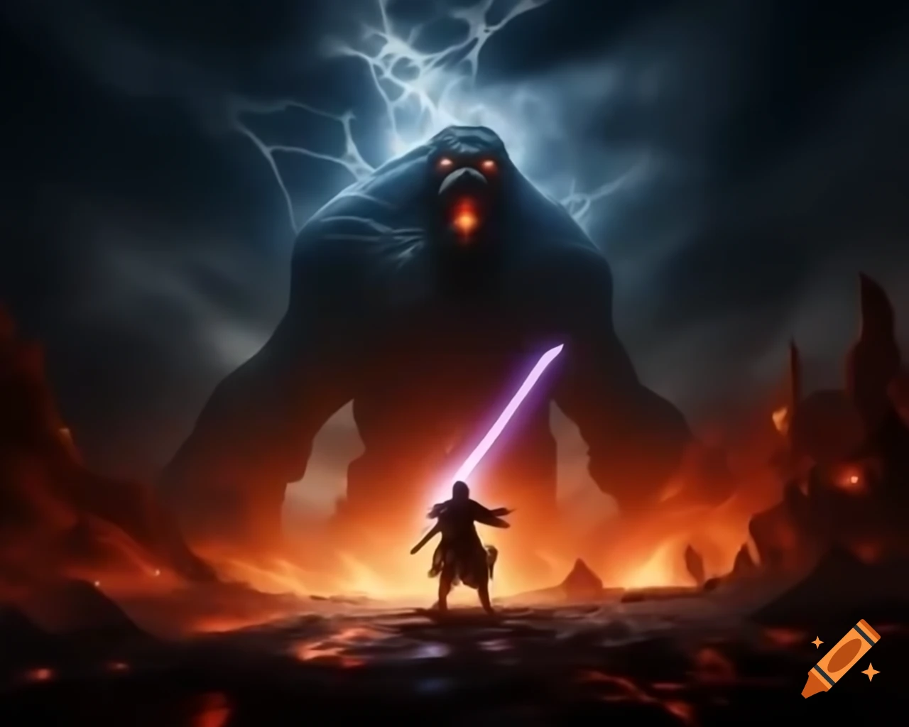 Hero raising glowing sword against shadow and lava monster with ...