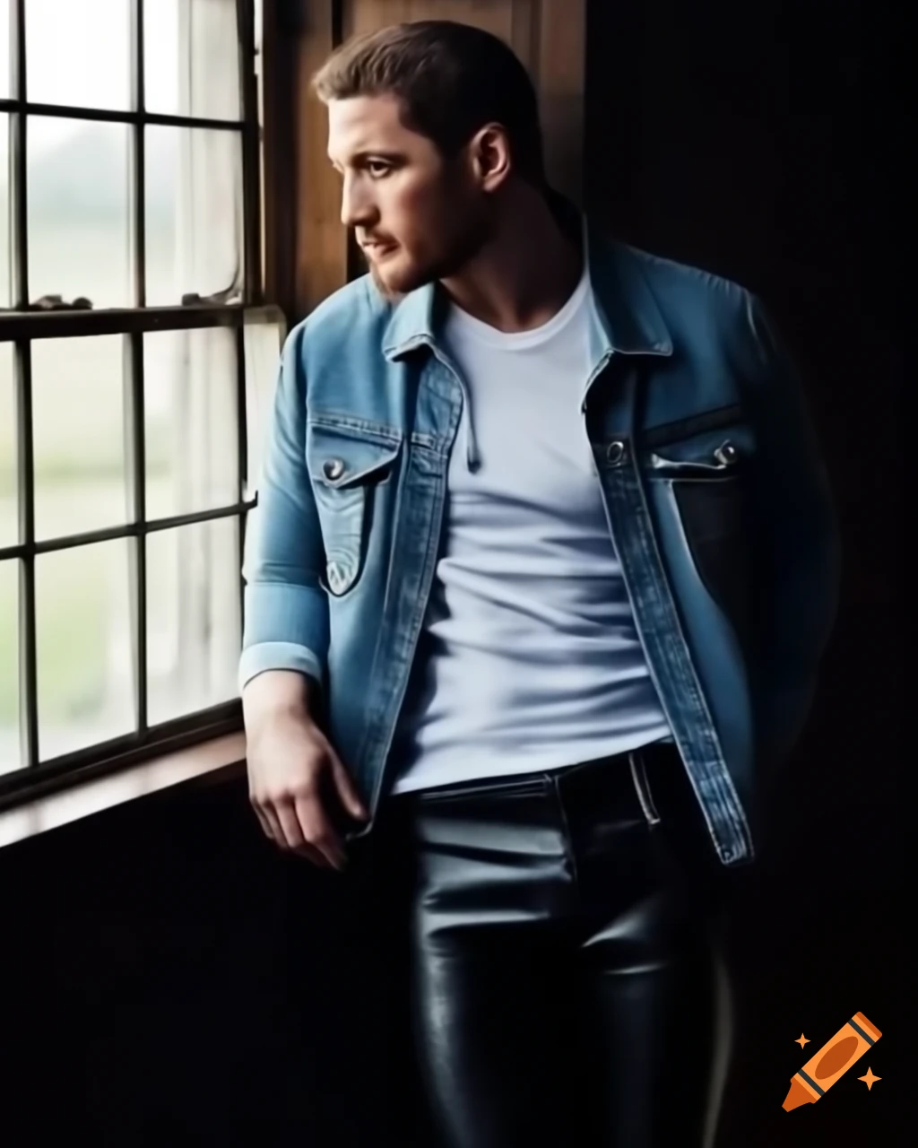 Portrait of British actor Tom Hardy in biker-punk style, looking out of ...