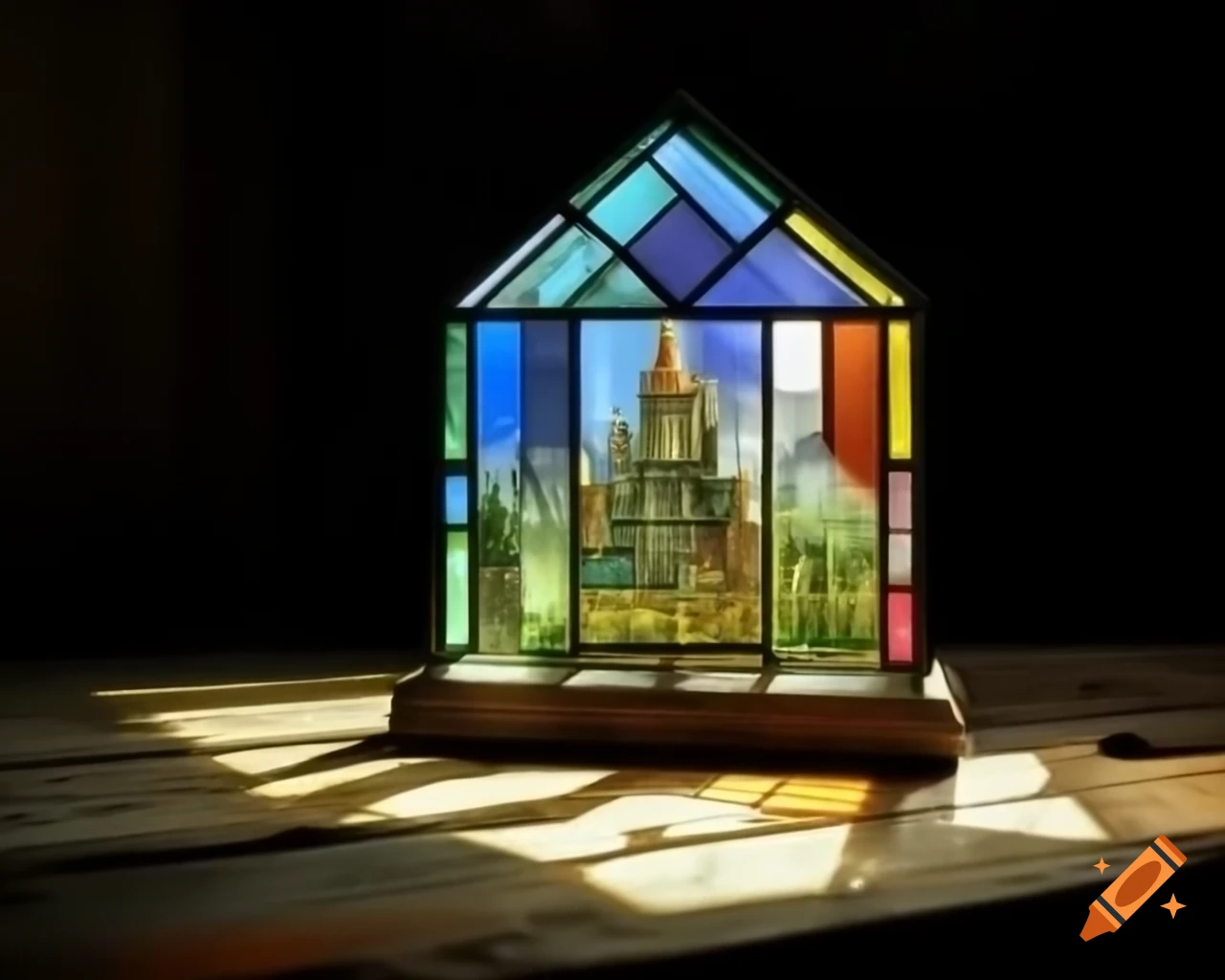 Glass castle illuminated with soft light showcasing vibrant model scale castle on Craiyon