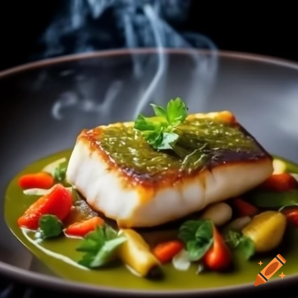 Seared white snapper fillet with herb sauce, seasonal vegetables, and ...
