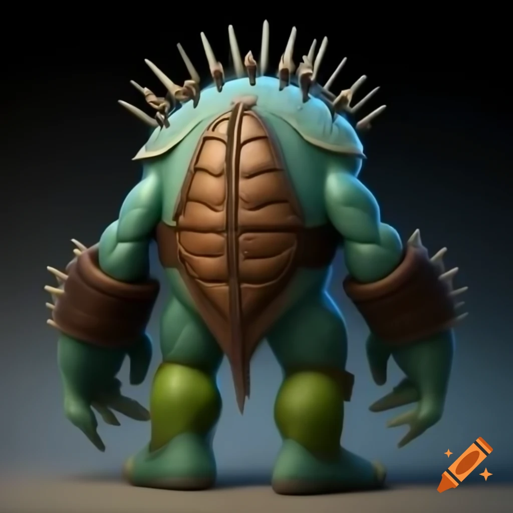 Character with blue-green skin, ninja turtle-like body, spikes, and lab ...