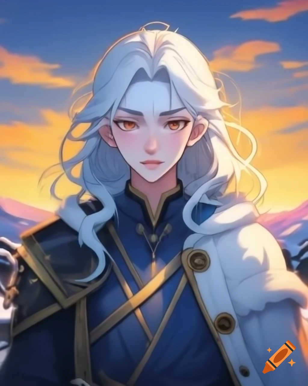 Anime character with pale skin, yellow sunset eyes, sky-blue hair in ...