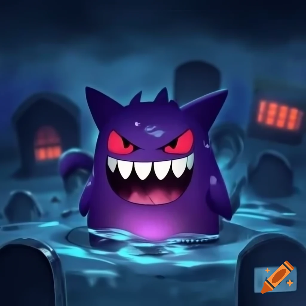 Gengar emoji crying in rain at cemetery setting on Craiyon