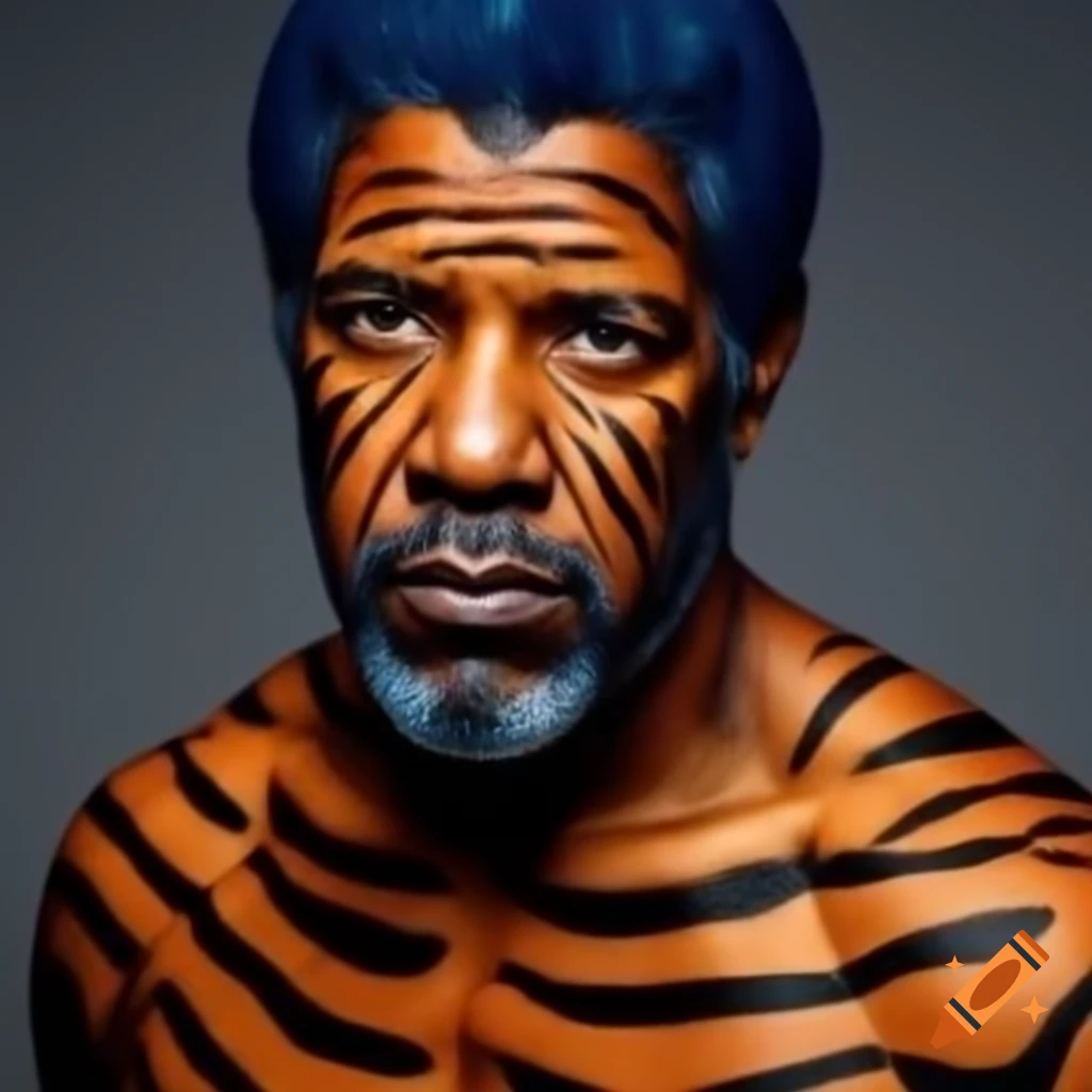 Muscular man with tiger-style makeup, blue hair and orange skin on Craiyon