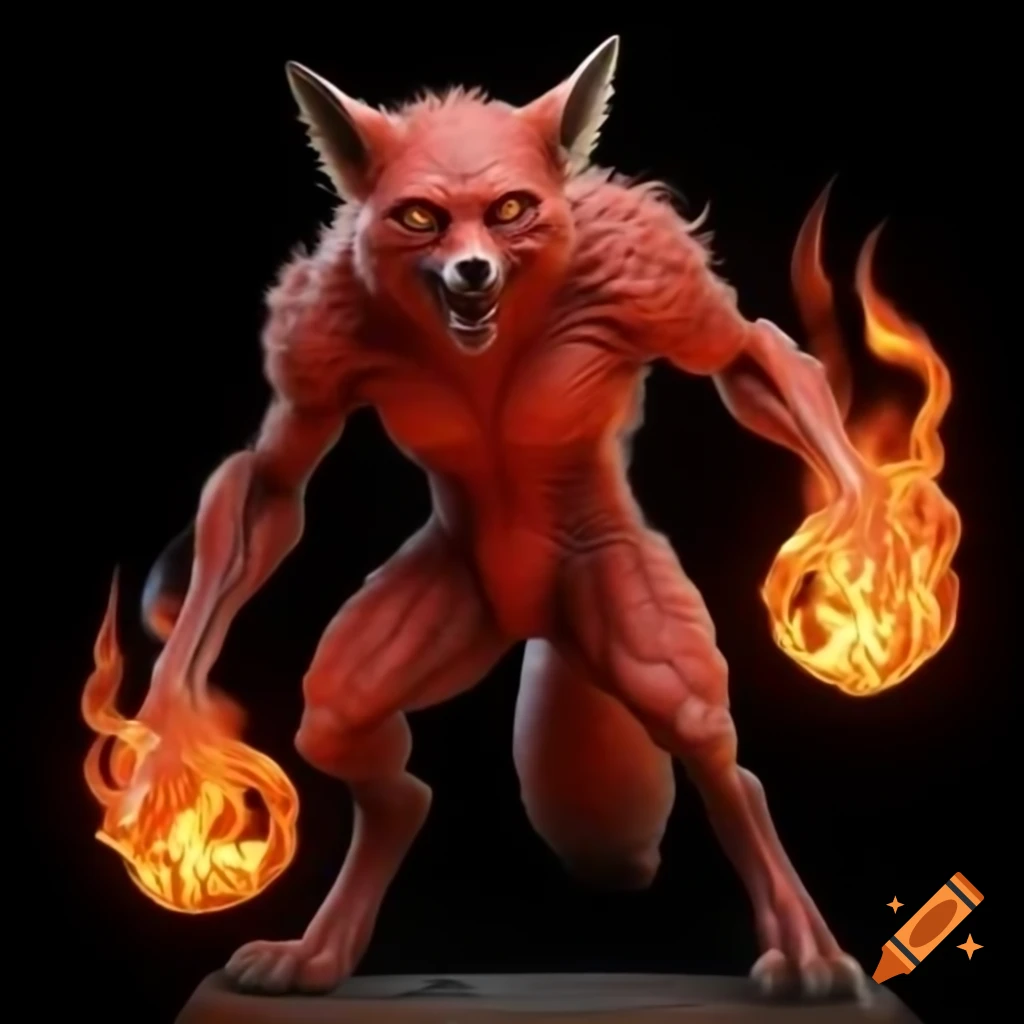Red creature with fire and partially human fox features on Craiyon