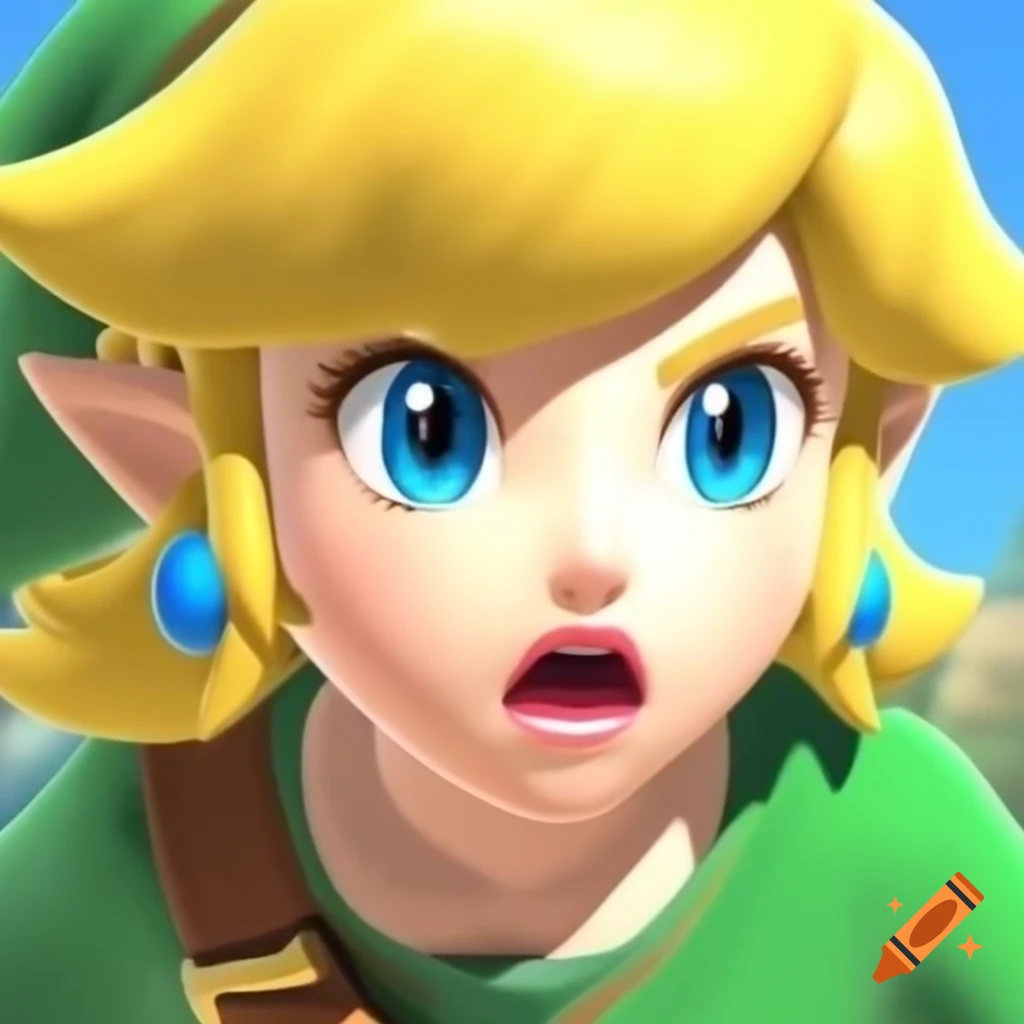 Character resembling Link with princess Peach's hairstyle and makeup, high definition on Craiyon