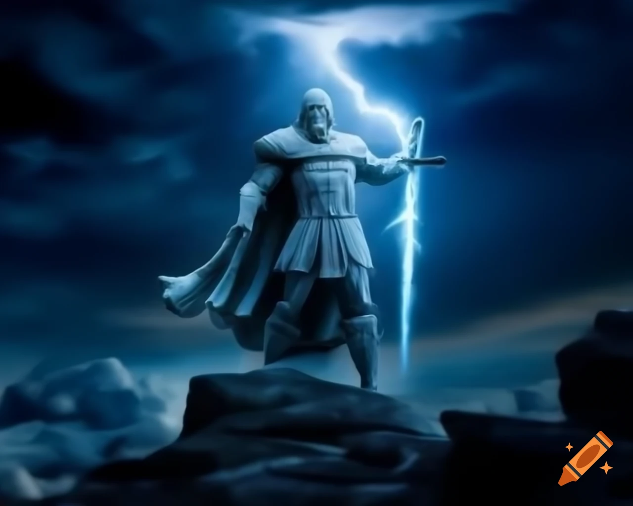Ancient marble statue of executioner wielding sword under lightning ...