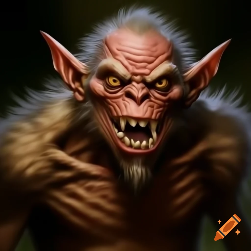 Hunched hairy goblin with red skin and sharp teeth in baroque painting ...
