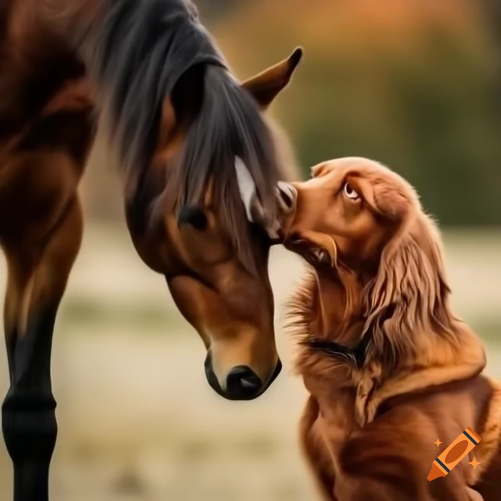 Brown horse with wavy mane beside a brown porti dog on Craiyon